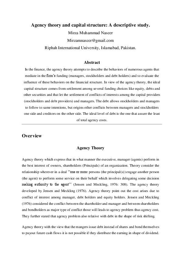 (PDF) Agency theory and capital structure: A descriptive study.