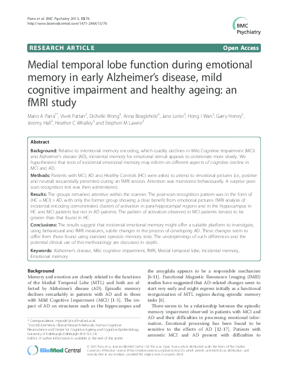 Pdf Medial Temporal Lobe Function During Emotional Memory In Early Alzheimers Disease Mild