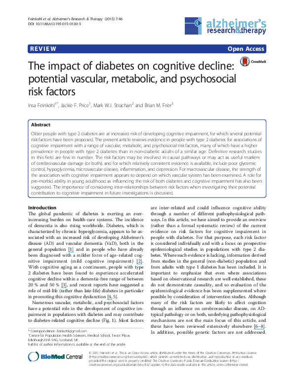 (PDF) The impact of diabetes on cognitive decline: potential vascular ...