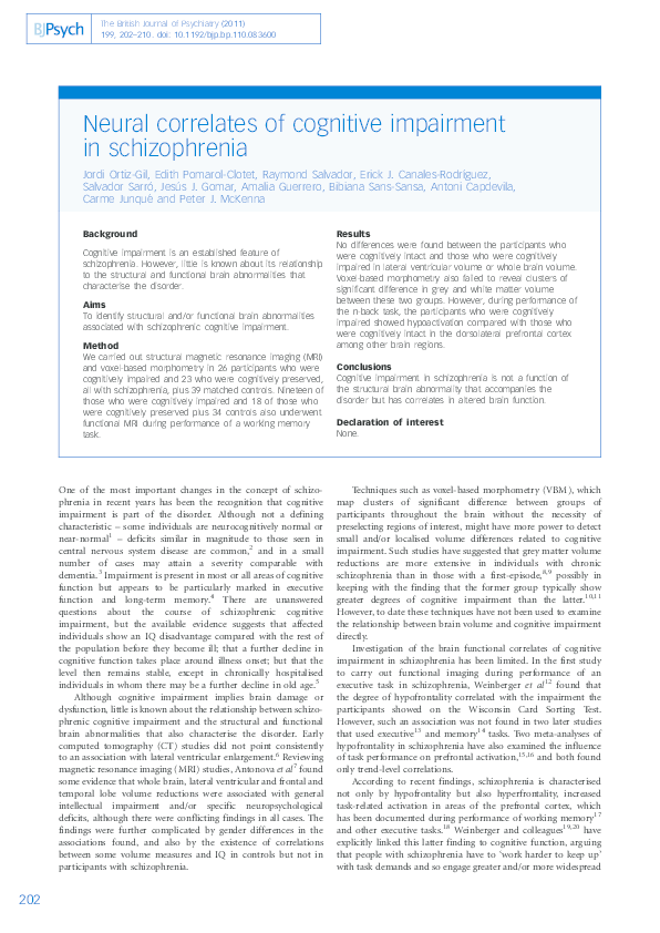 (PDF) Neural correlates of cognitive impairment in schizophrenia
