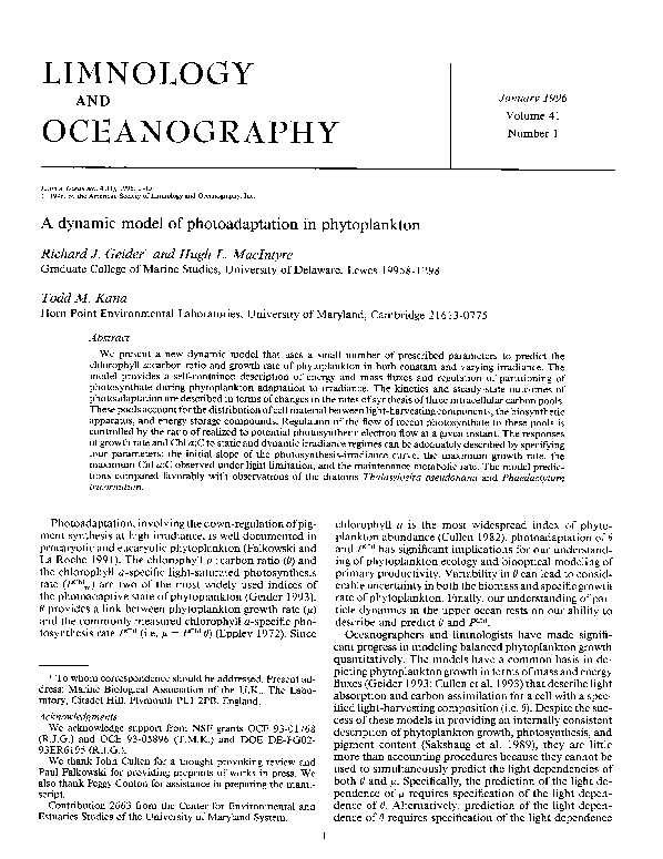 (PDF) A dynamic model of photoadaptation in phytoplankton