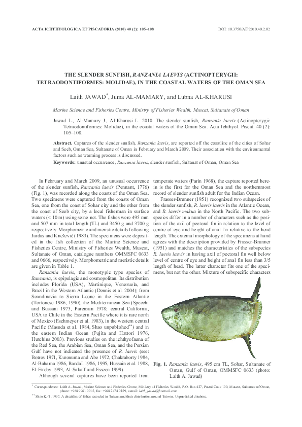 (PDF) The Slender Sunfish, Ranzania Laevis (Actinopterygii ...