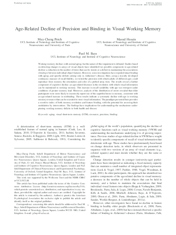 Pdf Age Related Decline Of Precision And Binding In Visual Working Memory