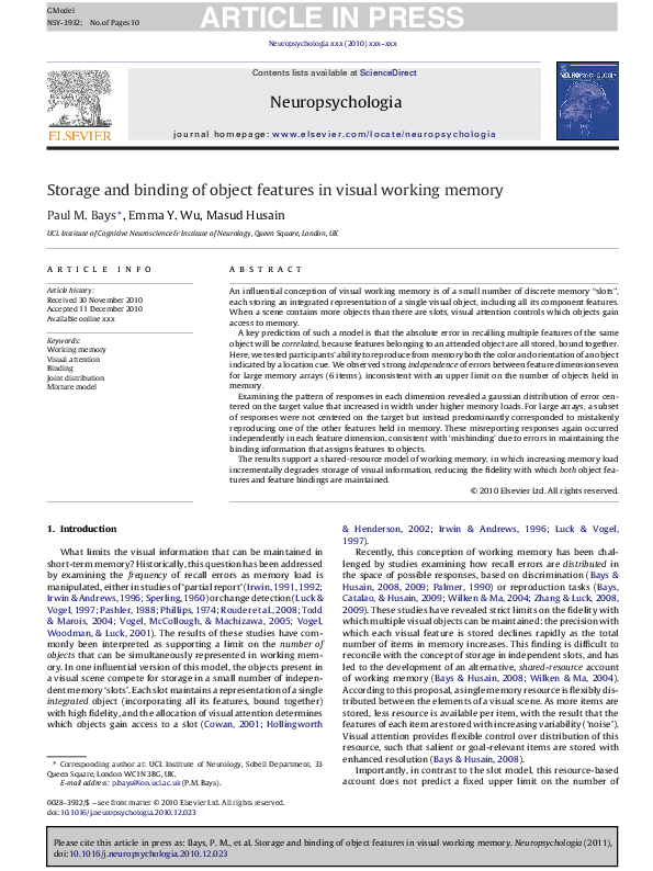 Pdf Storage And Binding Of Object Features In Visual Working Memory