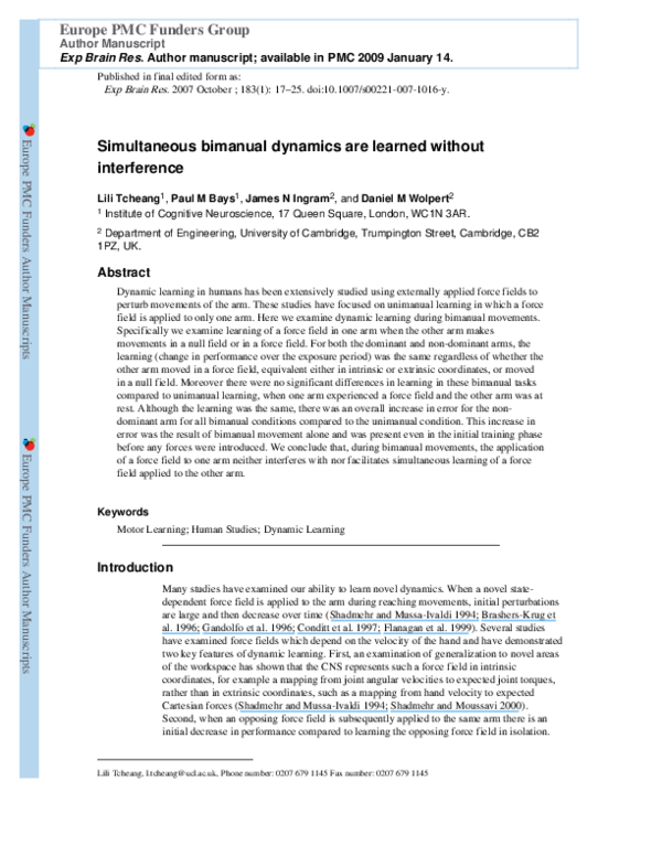 (PDF) Simultaneous bimanual dynamics are learned without interference