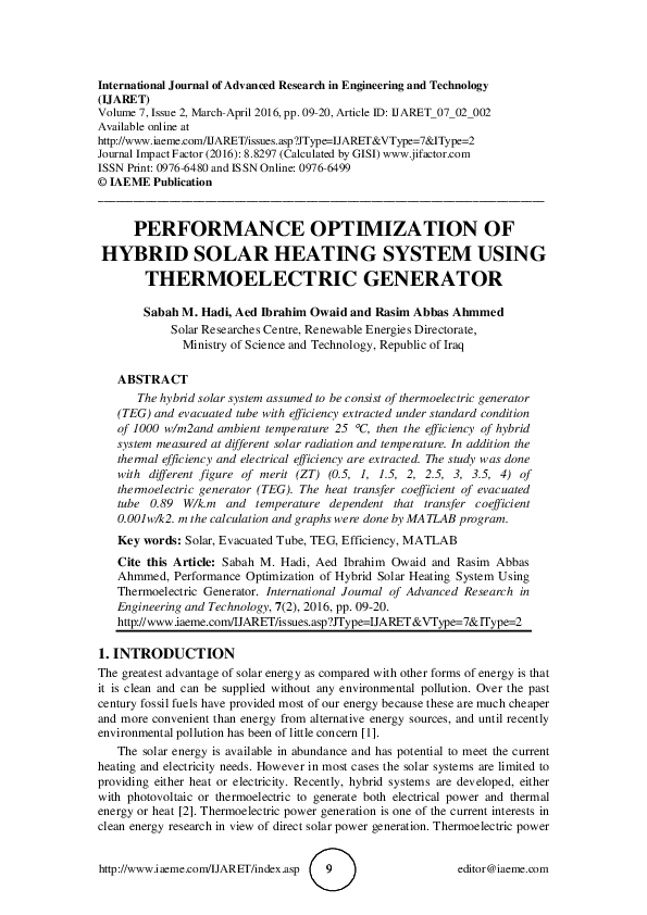 (PDF) PERFORMANCE OPTIMIZATION OF HYBRID SOLAR HEATING SYSTEM USING ...