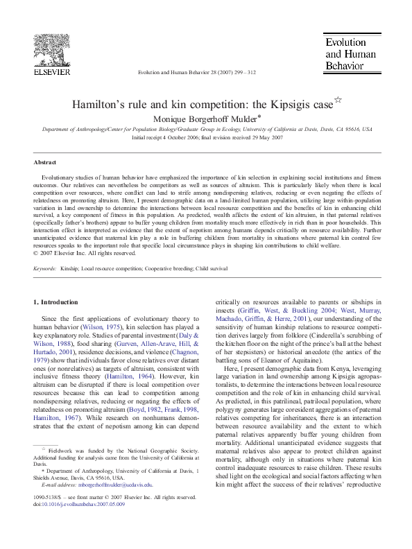 (PDF) Hamilton's rule and kin competition: the Kipsigis case