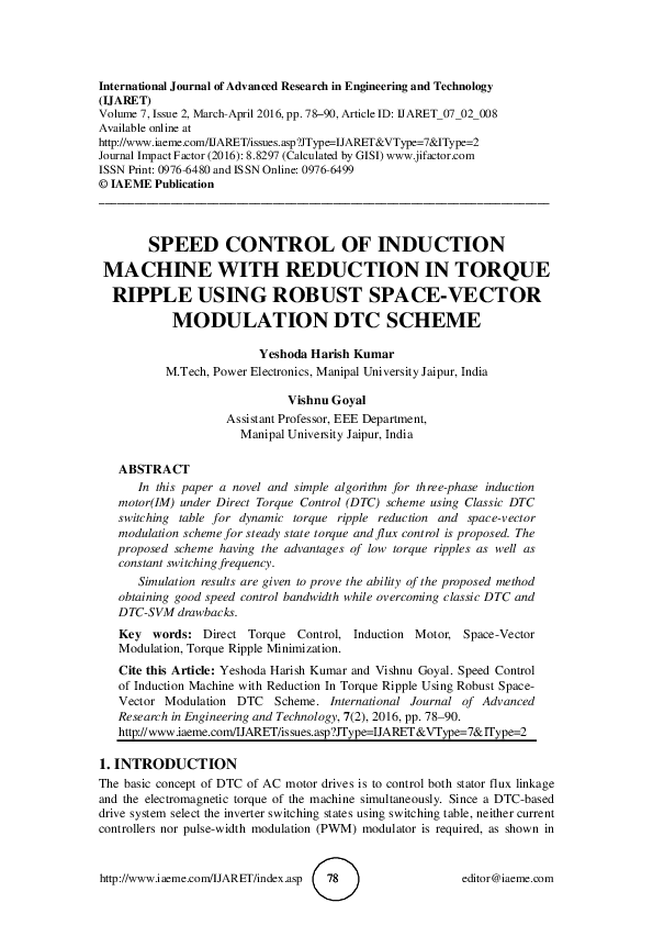 Pdf Speed Control Of Induction Machine With Reduction In Torque