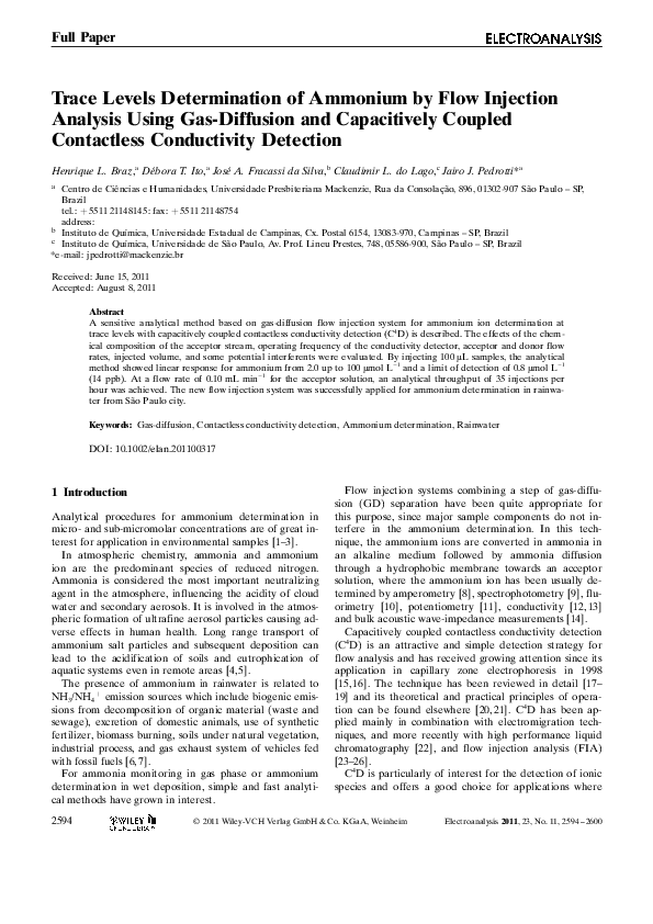 Pdf Trace Levels Determination Of Ammonium By Flow Injection Analysis Using Gas Diffusion And