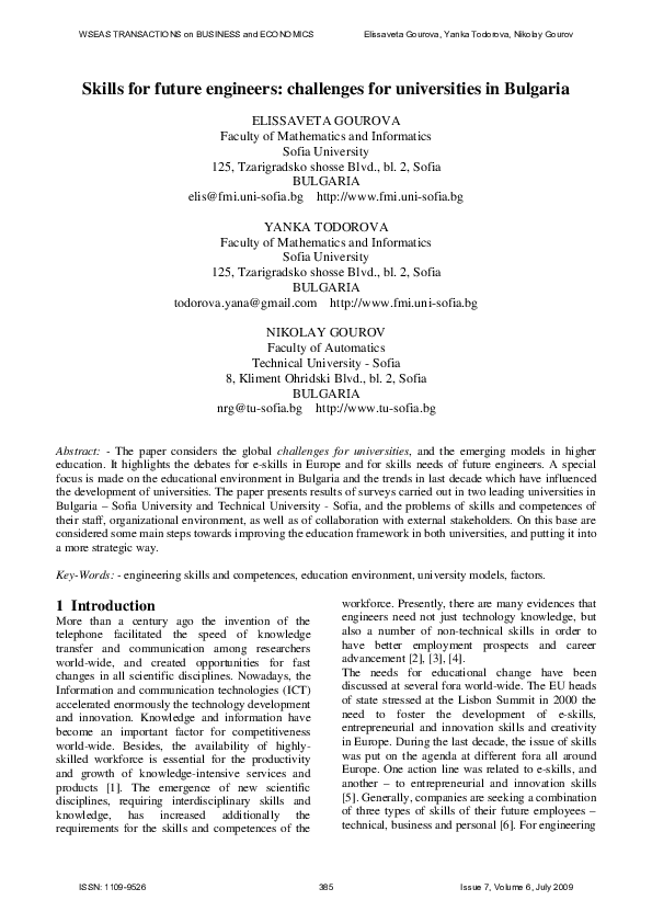 (PDF) Skills for future engineers: challenges for universities in Bulgaria