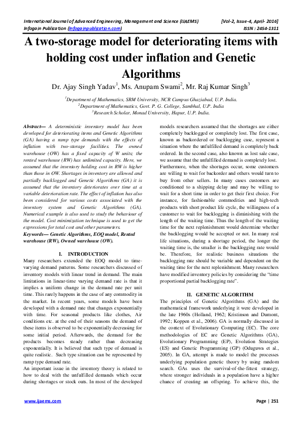 Pdf A Two Storage Model For Deteriorating Items With Holding Cost Under Inflation And Genetic