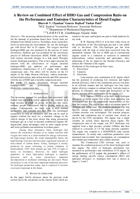 Pdf A Review On Combined Effect Of Hho Gas And Compression Ratio On The Performance And