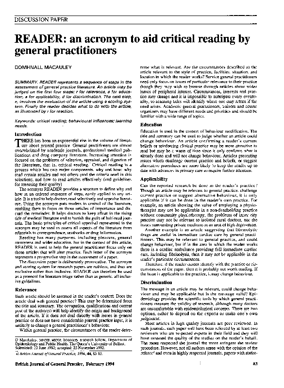 (PDF) READER: An acronym to aid critical reading by general practitioners