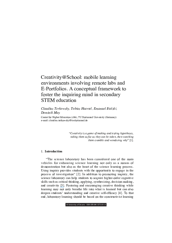 (PDF) Creativity@School: Mobile Learning Environments Involving Remote Labs and E-Portfolios. A ...