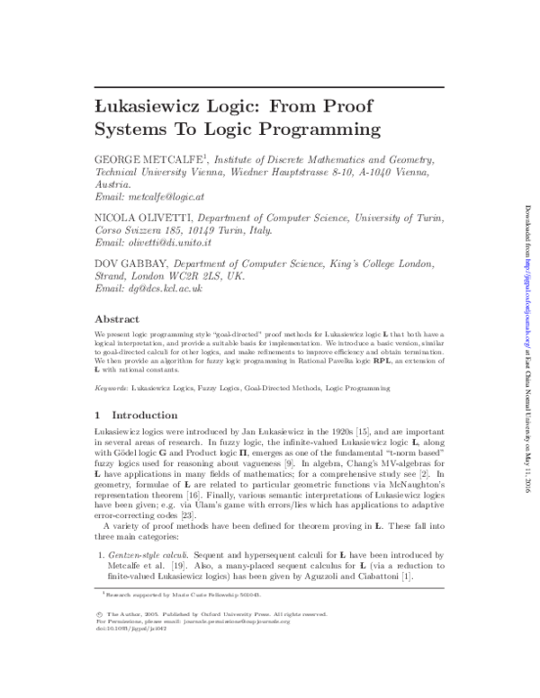 (PDF) Lukasiewicz Logic: From Proof Systems To Logic Programming
