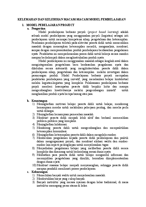 (DOC) KELEMAHAN DAN KELEBIHAN MACAM-MACAM MODEL PEMBELAJARAN
