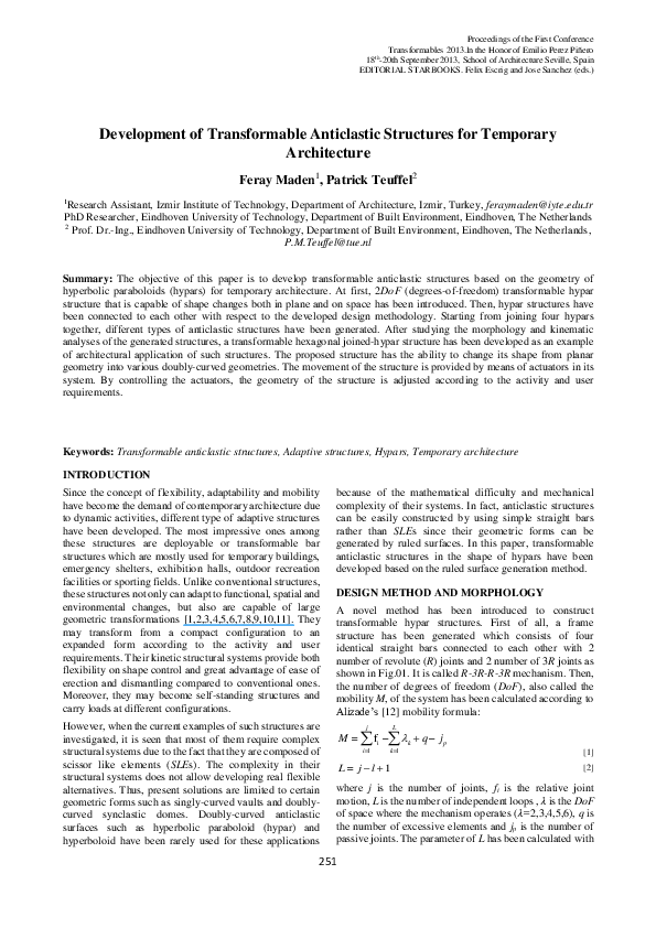 (PDF) Development of Transformable Anticlastic Structures for Temporary Architecture. Structural ...