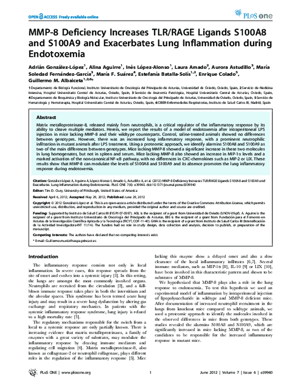 (PDF) MMP-8 Deficiency Increases TLR/RAGE Ligands S100A8 and S100A9 and ...