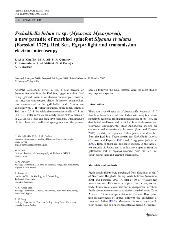(PDF) Zschokkella helmii n. sp. (Myxozoa: Myxosporea), a new parasite ...