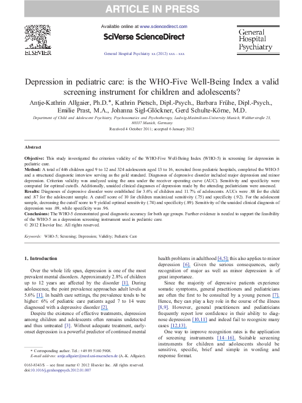 (PDF) Depression in pediatric care: is the WHO-Five Well-Being Index a ...