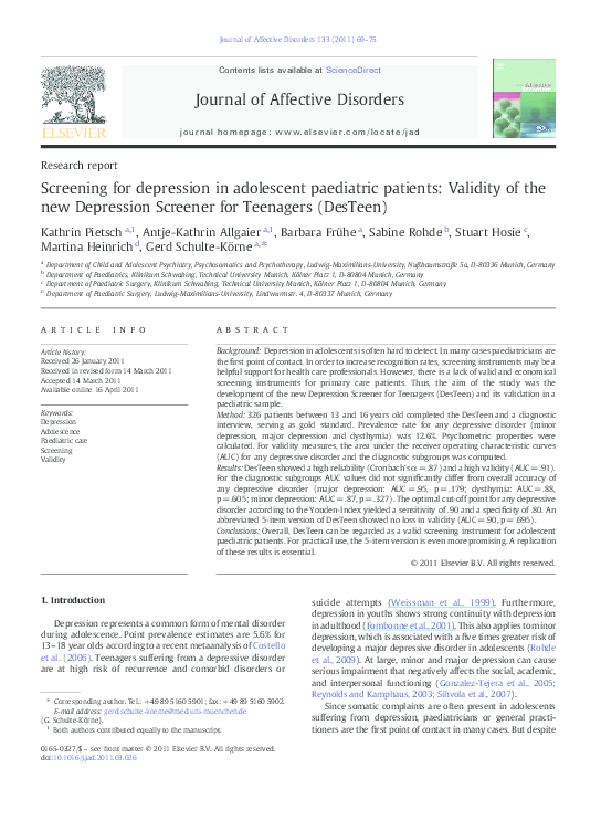 (PDF) Screening for depression in adolescent paediatric patients ...