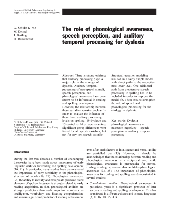 (PDF) The role of phonological awareness, speech perception, and auditory temporal processing ...