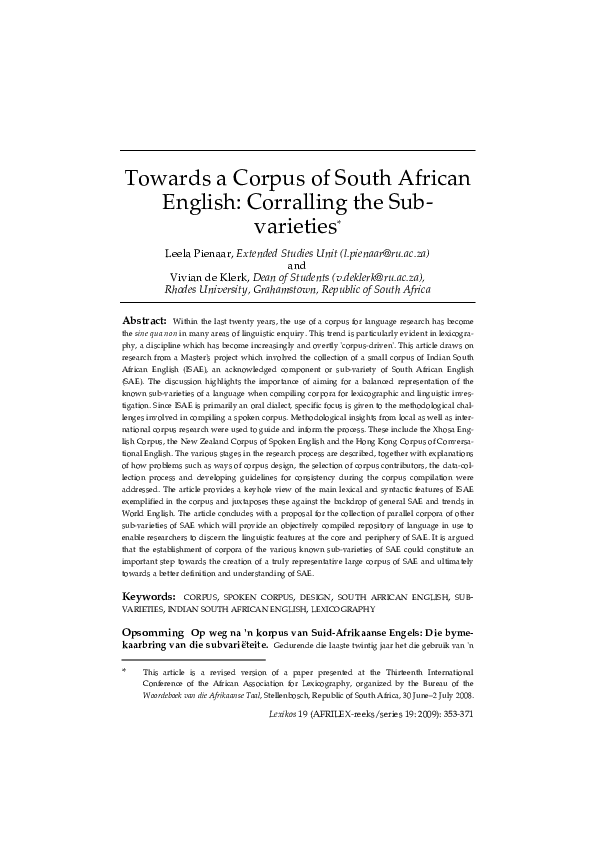 (PDF) The story of South African English:A brief linguistic overview ...