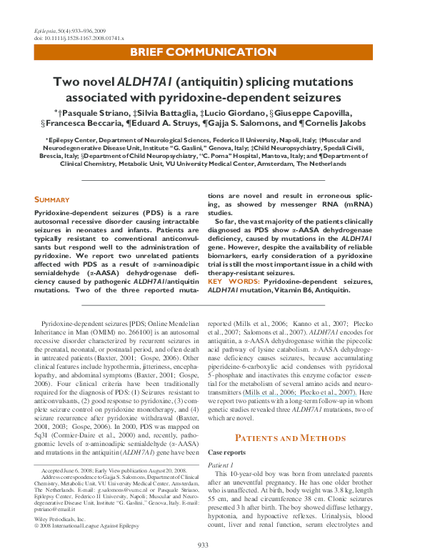 (PDF) Two novel ALDH7A1 (antiquitin) splicing mutations associated with ...