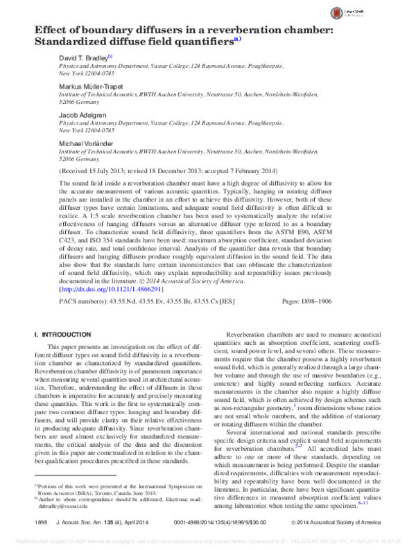 (PDF) Effect of boundary diffusers in a reverberation chamber: standardized diffuse field ...