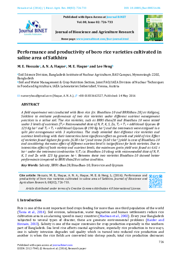 Performance and productivity of boro rice varieties cultivated in ...