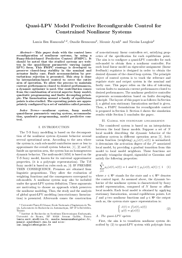 (PDF) Quasi-LPV Model Predictive Recon gurable Control for Constrained Nonlinear Systems