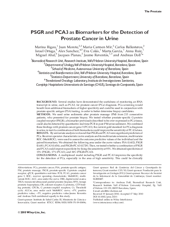 (PDF) PSGR and PCA3 as biomarkers for the detection of prostate cancer in urine