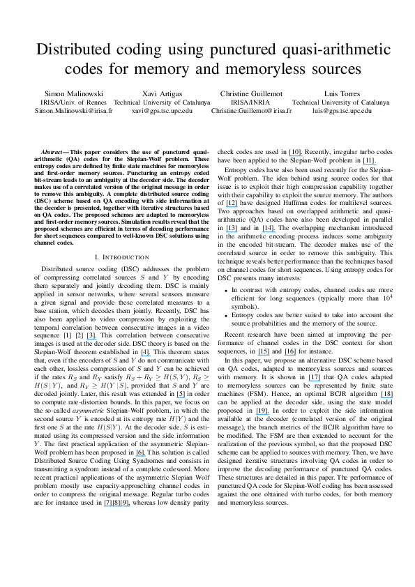 Pdf Distributed Coding Using Punctured Quasi Arithmetic Codes For