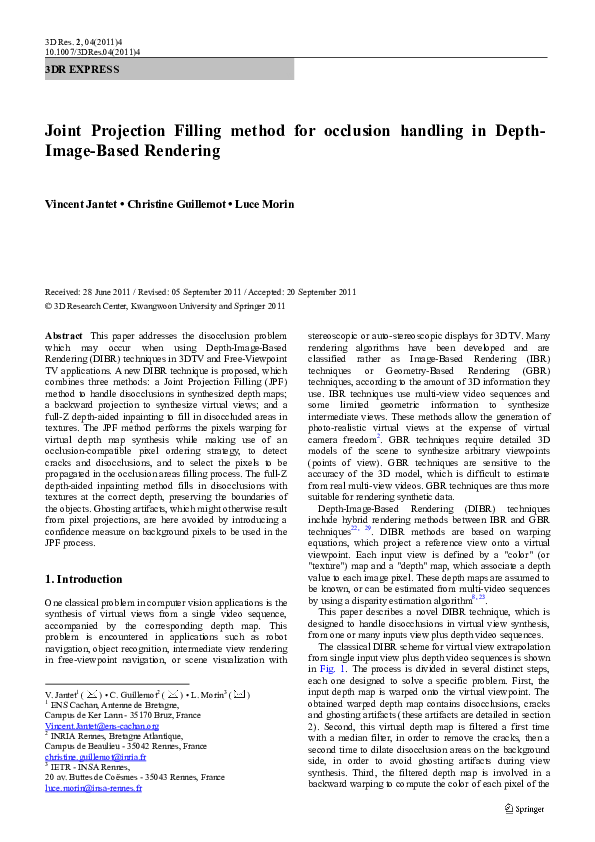 (PDF) Joint projection filling method for occlusion handling in depth-image-based rendering