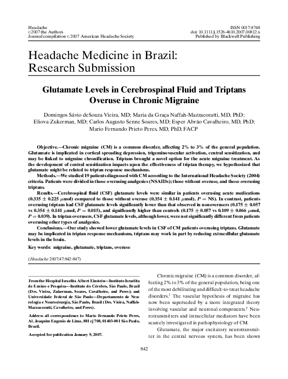 (PDF) Glutamate Levels in Cerebrospinal Fluid and Triptans Overuse in ...
