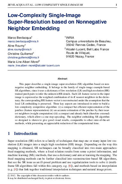 (PDF) Low-Complexity Single-Image Super-Resolution based on Nonnegative Neighbor Embedding