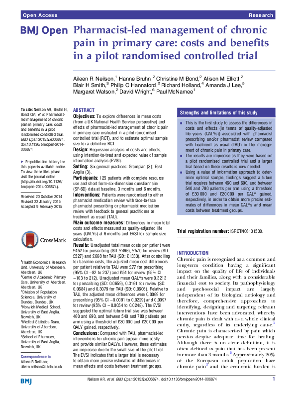(PDF) Pharmacist-led management of chronic pain in primary care: costs and benefits in a pilot ...
