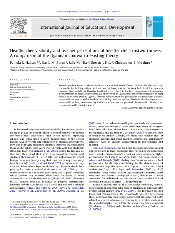 (PDF) Headteacher visibility and teacher perceptions of headteacher ...