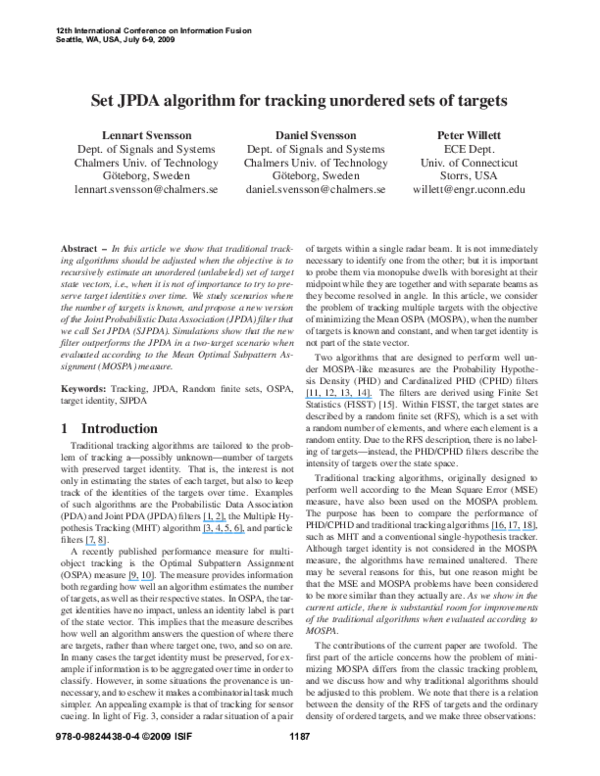 Pdf Set Jpda Algorithm For Tracking Unordered Sets Of Targets