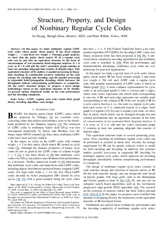 (PDF) Structure, property, and design of nonbinary regular cycle codes