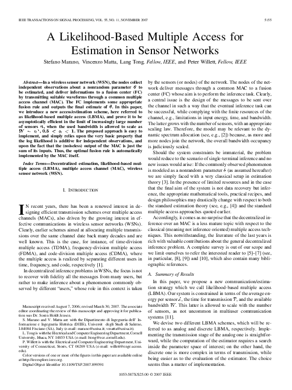 (PDF) A Likelihood-Based Multiple Access for Estimation in Sensor Networks