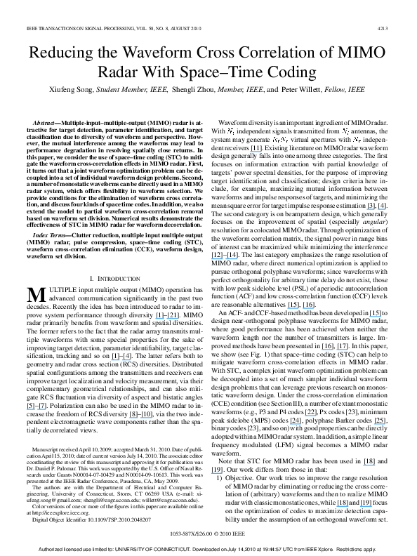 Pdf Reducing The Waveform Cross Correlation Of Mimo Radar With Space