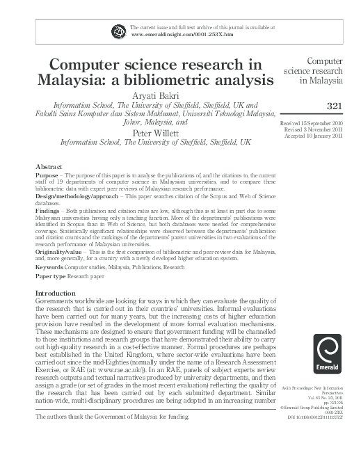 (PDF) Computer science research in Malaysia: a bibliometric analysis