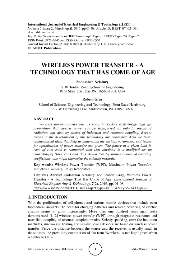 (PDF) WIRELESS POWER TRANSFER - A TECHNOLOGY THAT HAS COME OF AGE