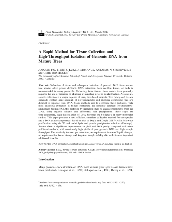 Pdf A Rapid Method For Tissue Collection And High Throughput Isolation Of Genomic Dna From
