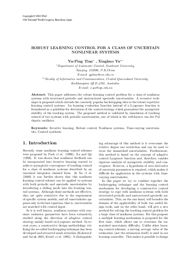 Pdf Robust Learning Control For A Class Of Uncertain Nonlinear Systems Xinghuo Yu
