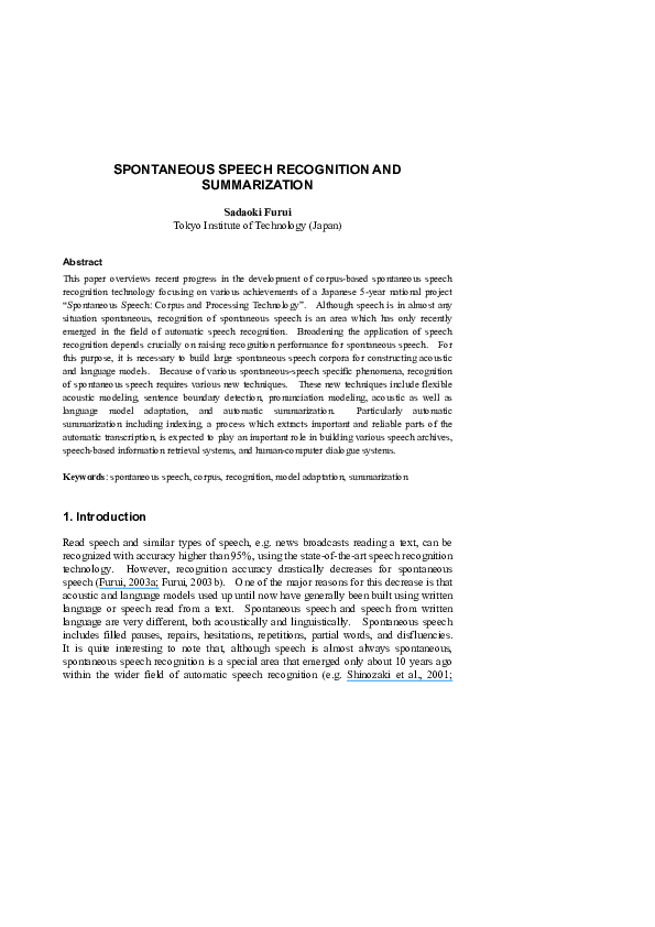 (PDF) Spontaneous Speech Recognition and Summarization