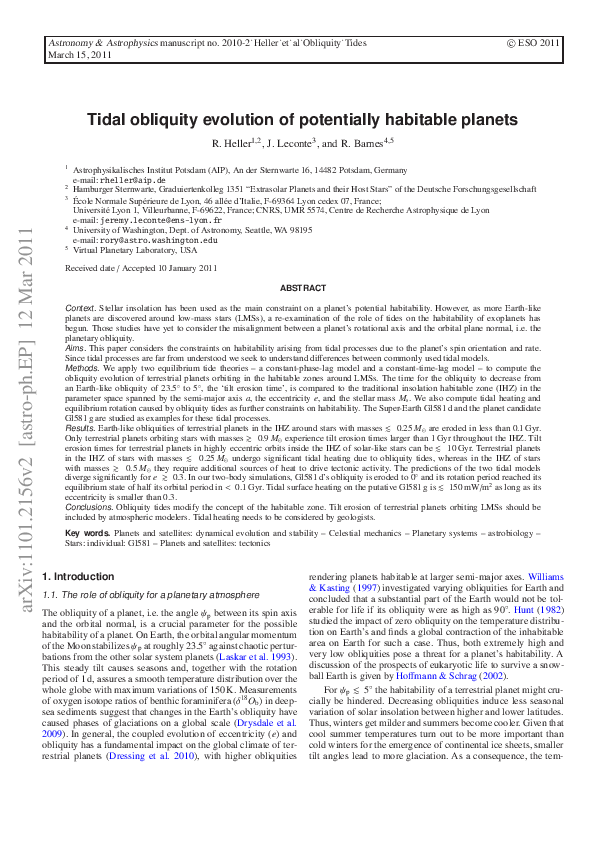(PDF) Tidal obliquity evolution of potentially habitable planets | Rory ...