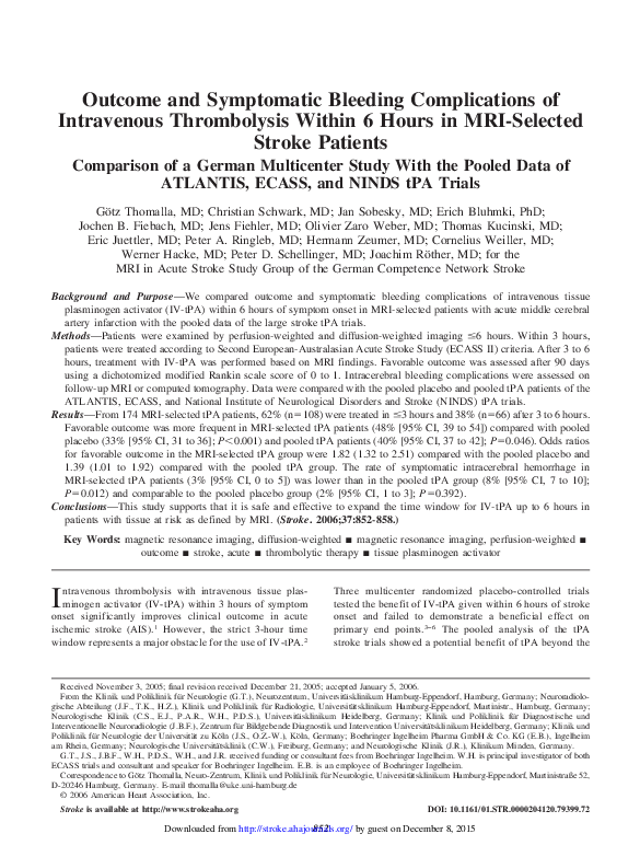 (PDF) Outcome and Symptomatic Bleeding Complications of Intravenous ...