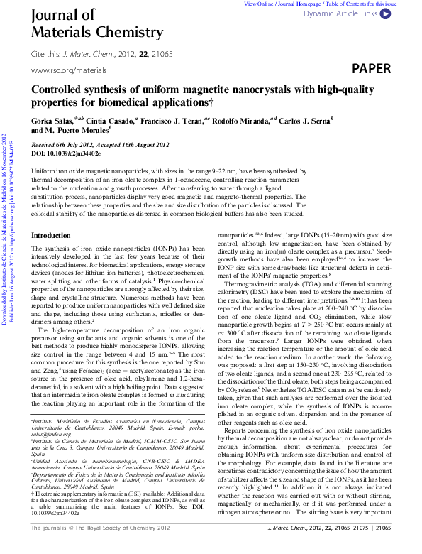 (PDF) Controlled synthesis of uniform magnetite nanocrystals with high-quality properties for ...
